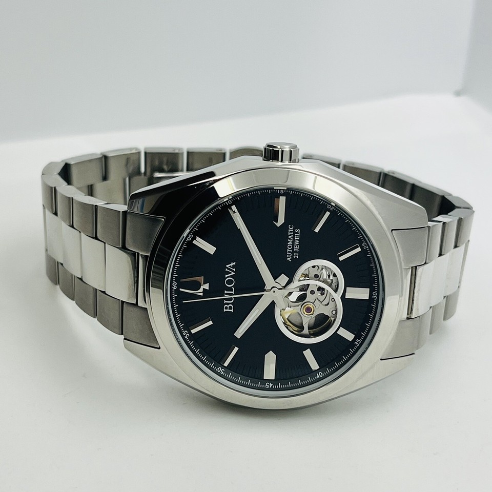 Bulova Surveyor Men’s Automatic Open Heart Dial Silver Steel 42mm Watch ...