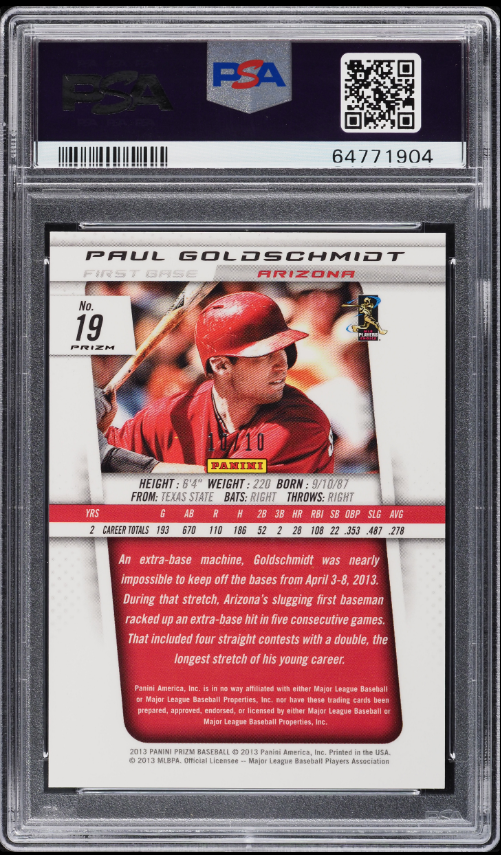 2013 PANINI PRIZM GOLD PRIZMS PAUL GOLDSCHMIDT /10 #19 PSA 10 GEM MINT ...
