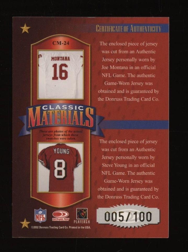 2002 Joe Montana Steve Young Donruss Classics Game Worn Jersey Patch ...