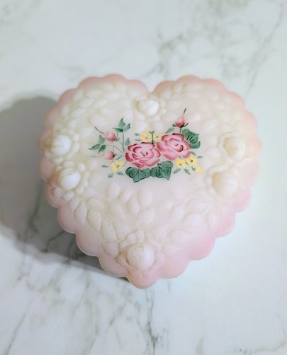 Vtg Fenton Rosalie Heart Trinket Box Dish Hand-Painted Rose Satin Glass ...