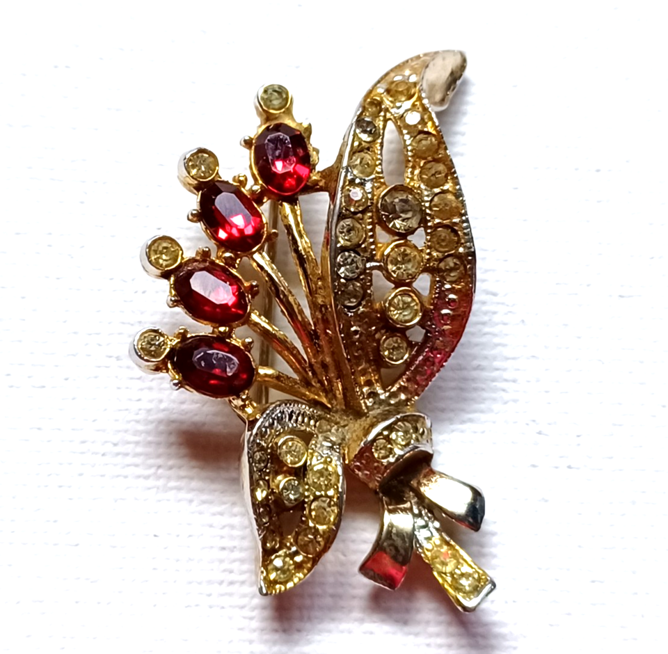 Vintage Signed Coro Red & Clear Rhinestone Flower Brooch | eBay