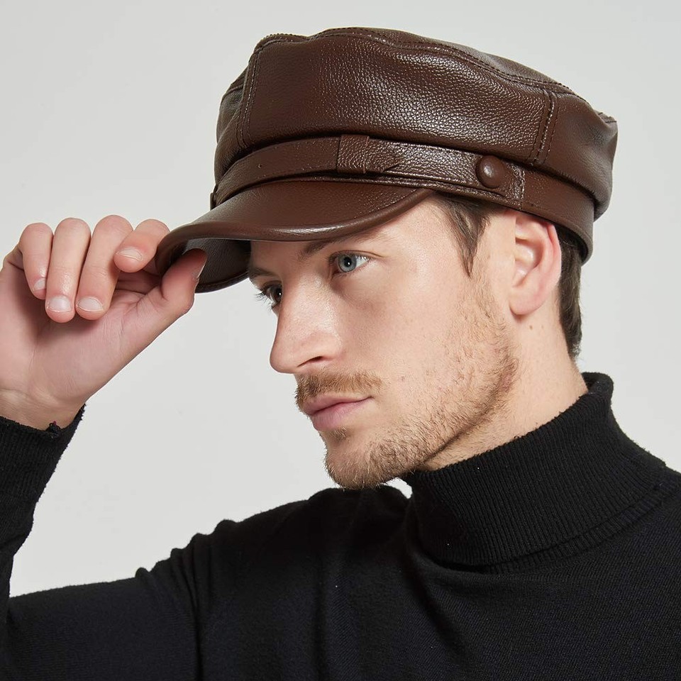 IFSUN Men's Leather Greek Fisherman Sailor Fiddler Driver Hat Flat Cap ...