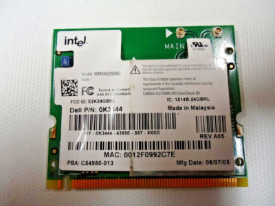 Intel Mini PCI card WM3A2200BG Wireless Wifi 802.11b/g Dell P/N 0K3444 ...