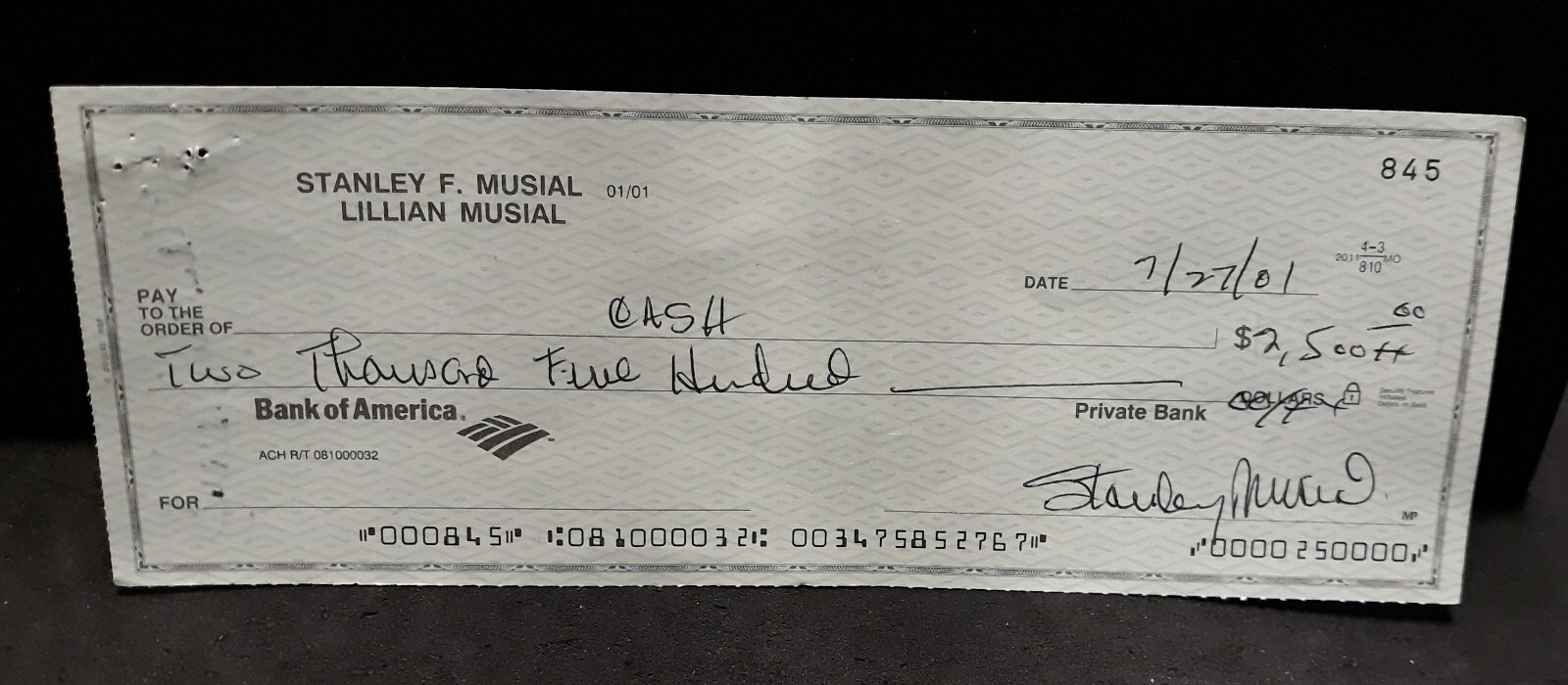 HOF Stan Musial Signed Personal Check made out to Cash- 2 Signatures 7 ...