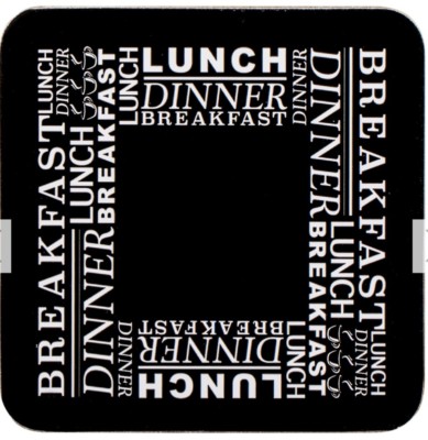 Set Of 4 Mealtimes Black Coasters - Breakfast Lunch Dinner | eBay UK