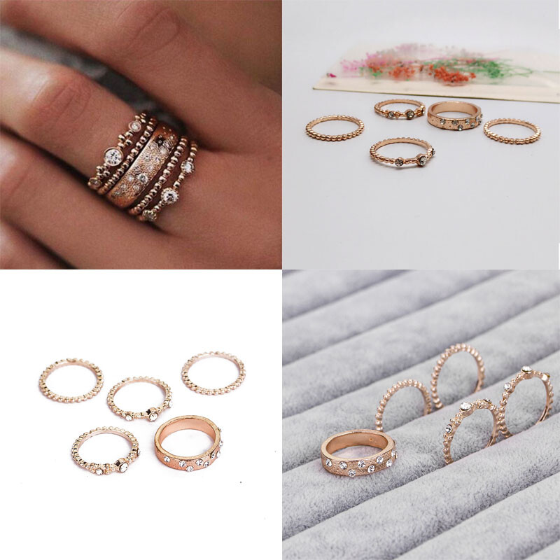 Rose Crystal 5Pcs/Set Gold Stackable Ring 5 Sparkly Rings Vintage Boho ...
