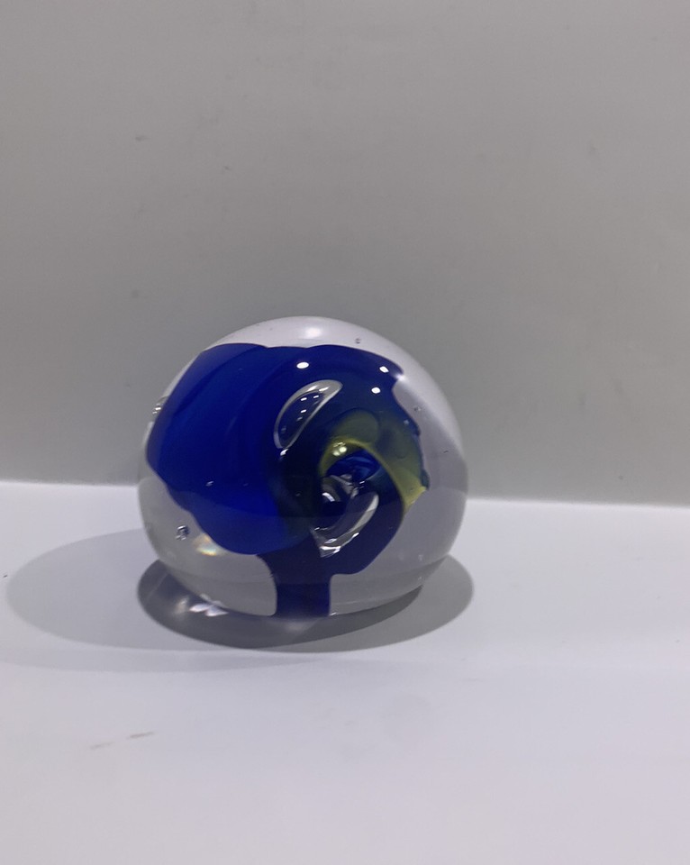 Vtg Lonsway Art Glass Paperweight Blue, Yellow Swirl Nebula - Signed ...