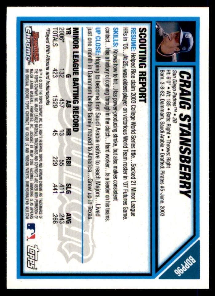 2007 BOWMAN DRAFT PICKS & PROSPECTS CHROME CRAIG STANSBERRY SAN DIEGO ...