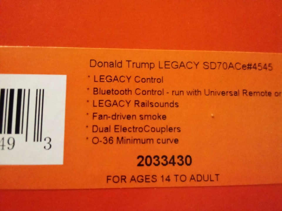 Lionel Trains 2033430 Donald Trump LEGACY SD70ACe 4545 with paperwork ...