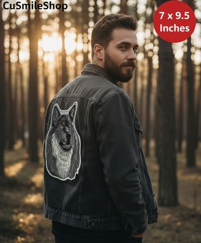 Large Jacket Back Patch Lone Gray Wolf Head Embroidered Applique 7 x 9. ...