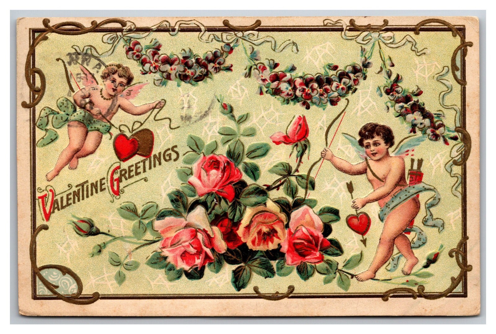 1911 Valentine Postcard Cupid Cherubs Pink Rose Violet Garden Flower ...