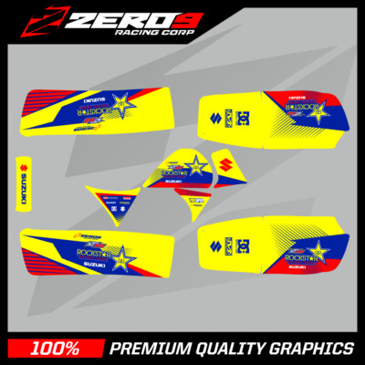 SUZUKI LT50 QUAD 84-99 GRAPHICS KIT DECAL KIT ROCKSTAR YELLOW / BLUE ...