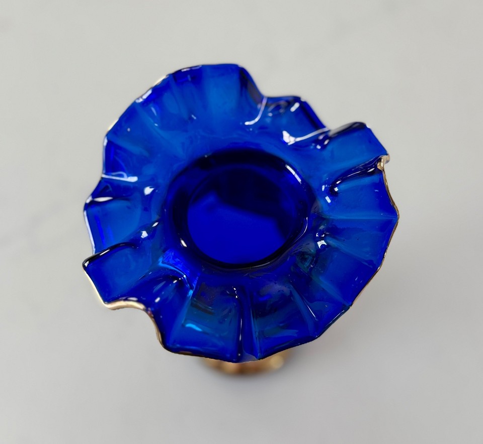 Vintage Czech Bohemia Cobalt Blue Gold Overlay Vase Flowers Ruffle Rim ...