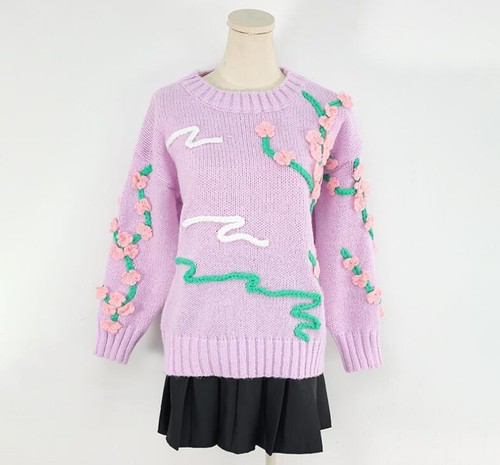 Womens Spring Fashion Sweet Round Collar Long Sleeve Flowers Kniting ...