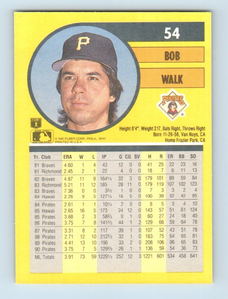 1991 Fleer Bob Walk Pittsburgh Pirates #54 | eBay