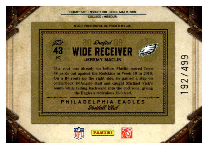 Jeremy Maclin 2011 Panini Timeless Treasures /499 43 MEM, SN250 Jerseys ...