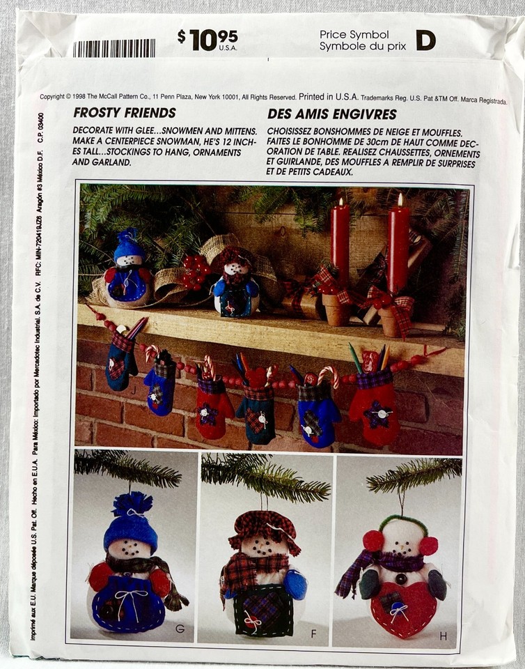 1998 McCalls Sewing Pattern 9444 Frosty Friends Christmas Decor Snowmen ...
