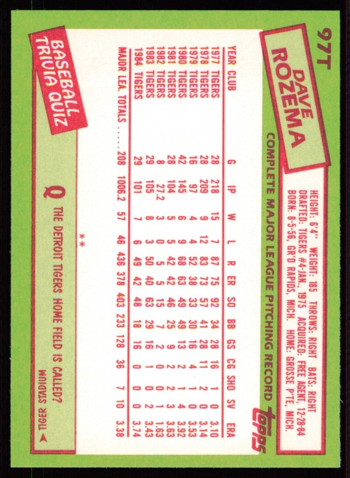 1985 Topps Traded Dave Rozema Texas Rangers #97T | eBay