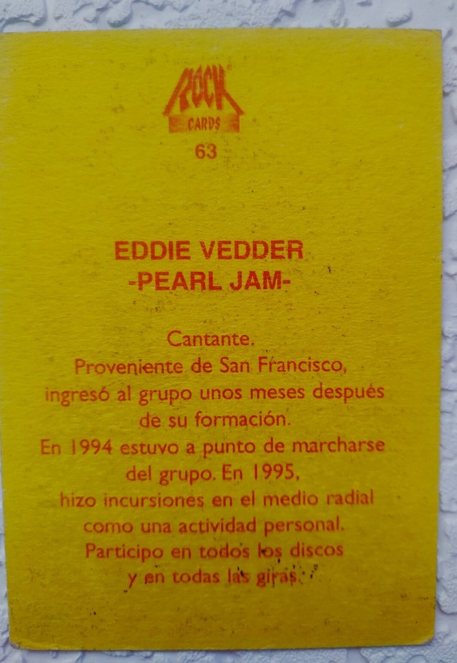 Eddie Vedder Pearl Jan Ultra Figus Argentina Rock Cards | eBay