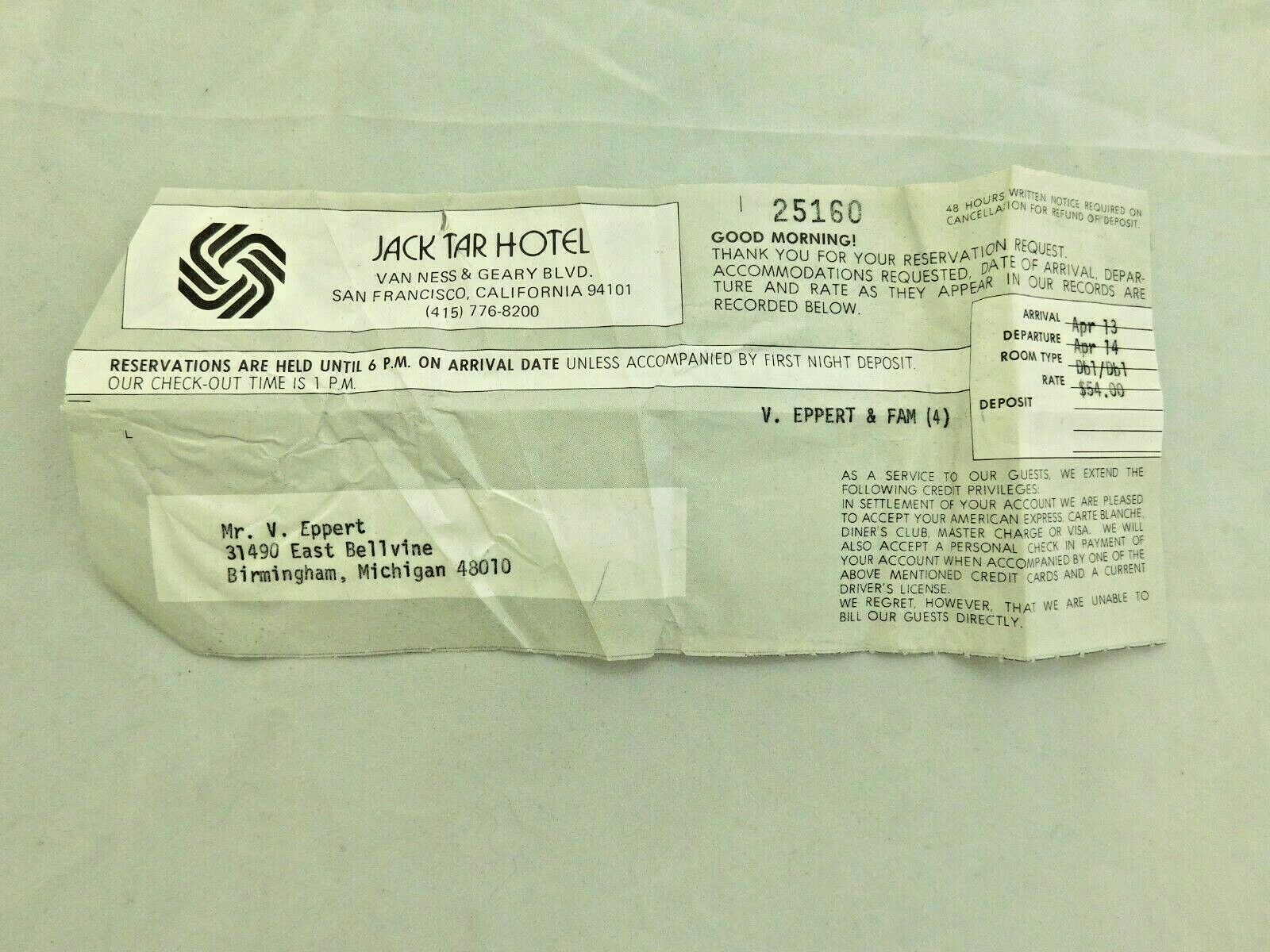 JACK TAR HOTEL SAN FRANCISCO 1980 Receipt Reservation | eBay