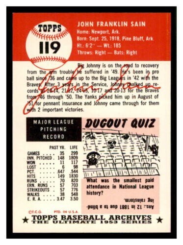 1991 Topps Archives 1953 #119 JOHN SAIN New York Yankees | eBay