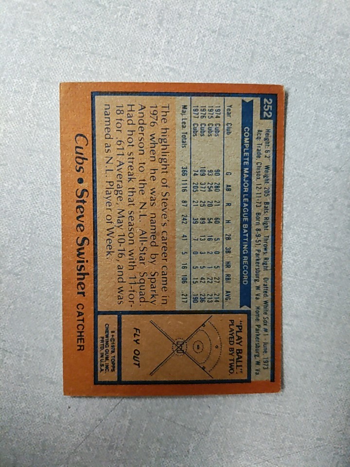 1978 Topps.. #252 Steve Swisher Cubs Ex Baseball Card Read Description ...