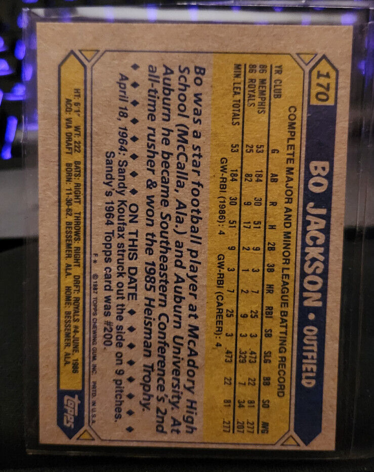 Bo Jackson ERROR Rookie Card Topps 1987 #170 Kansas City Royals | eBay