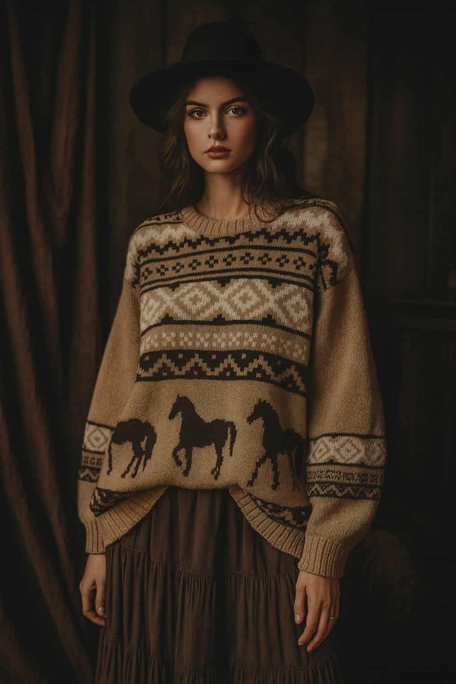 M New Horse Aztec Western Native Knit Soft Oversized Sweater Womens ...