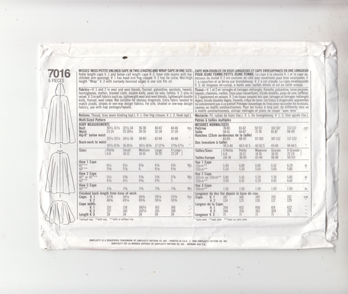 Simplicity 7016 Misses Cape Unlined Short Wrap Sewing Pattern Sizes ...