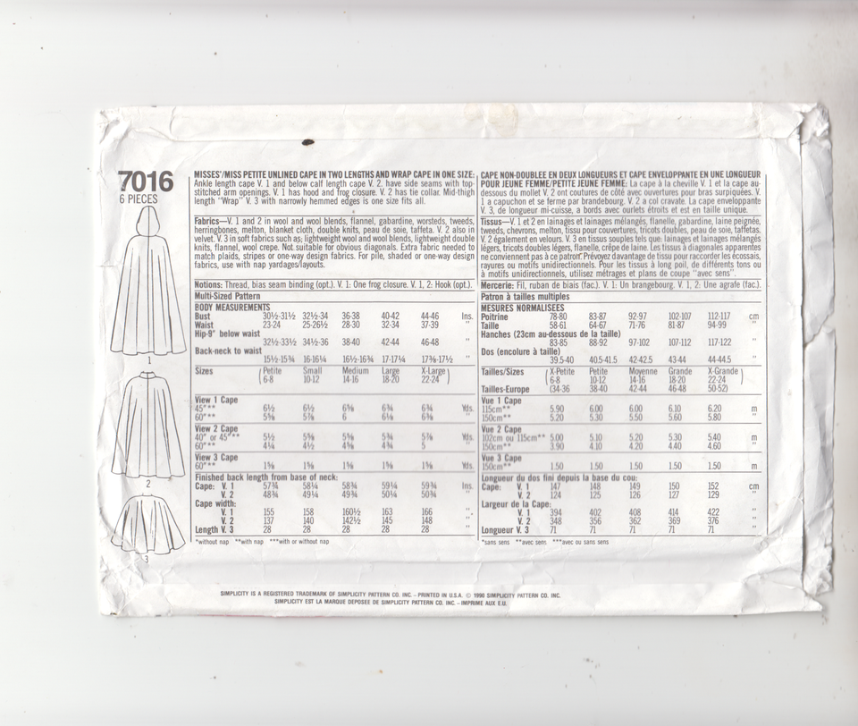Simplicity 7016 Misses Cape Unlined Short Wrap Sewing Pattern Sizes ...