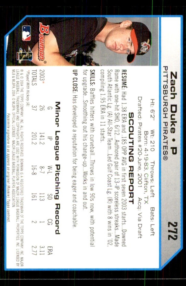 2004 Bowman Zach Duke Baseball Cards #272 | eBay