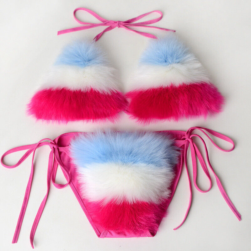 Fox Fur Swimsuit Beach Bikini Sexy Split Fur Bikini Set Micro Bra G ...