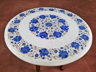 24" Marble Corner Table Top semi precious stones Inlay Handmade Home ...