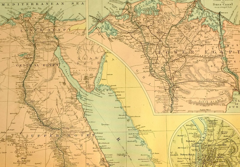 1899 MAP EGYPT CAIRO NILE DELTA SUEZ CANAL NUBIA ABYSSINIA ARABIA ...