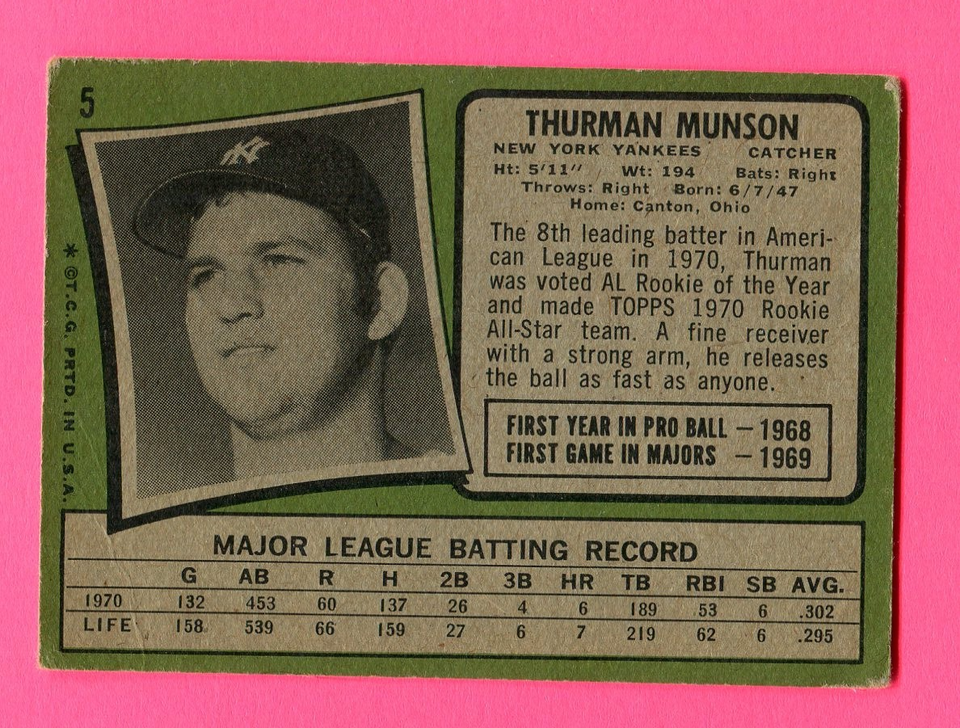 THURMAN MUNSON NEW YORK YANKEES 1971 TOPPS MLB BASEBALL CARD #5 | eBay