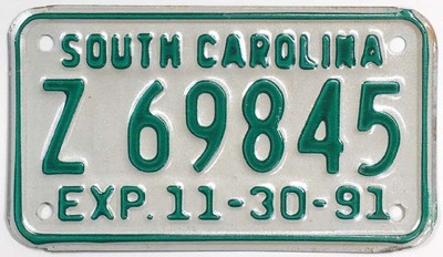 Vintage South Carolina 1991 Motorcycle License Plate Z 69845 | eBay