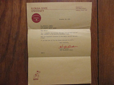 HUGH DURHAM Signed 1972 Personal Letter Florida State Men's Basketball ...