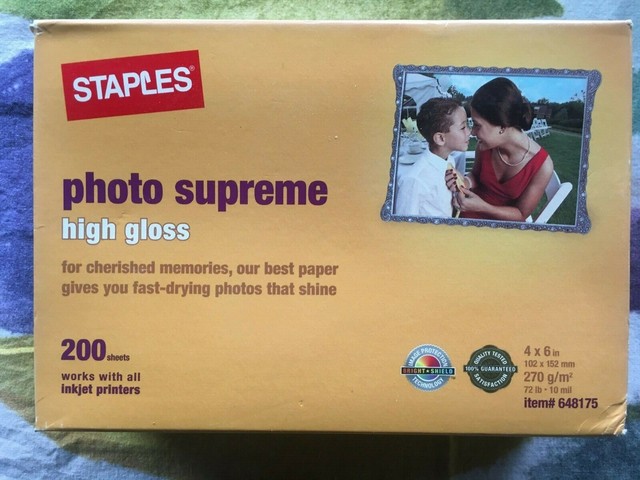 Staples Photo Supreme High Gloss 200 Sheets 4x6 Inkject Photo Paper for ...