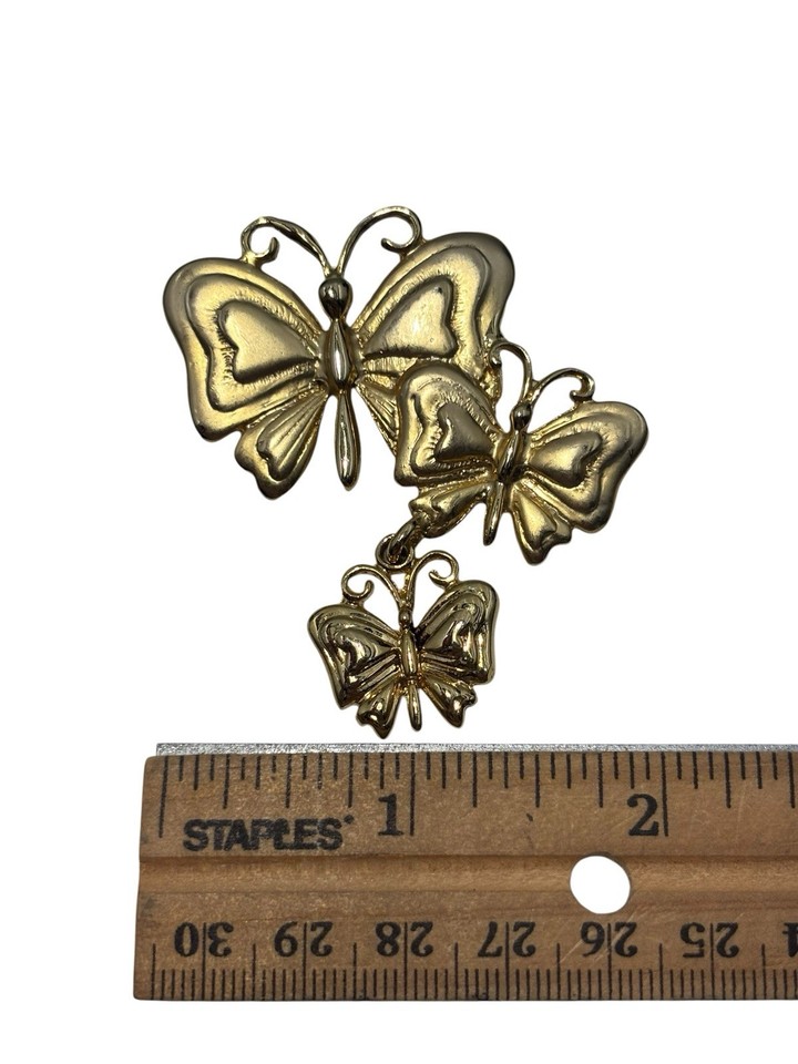 Vintage Gold Tone Three Butterfly Family Dangling Piece Insect Brooch ...