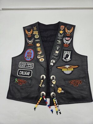 Black Leather Motorcycle Riding Jacket With Pins Patches By Walkers ...