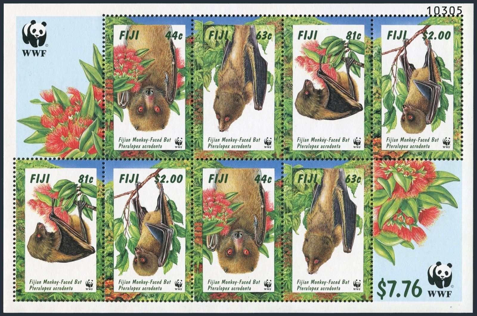 Fiji 800a sheet, MNH. Michel 812-815 klb. WWF 1997. Fijian Monkey-faced ...