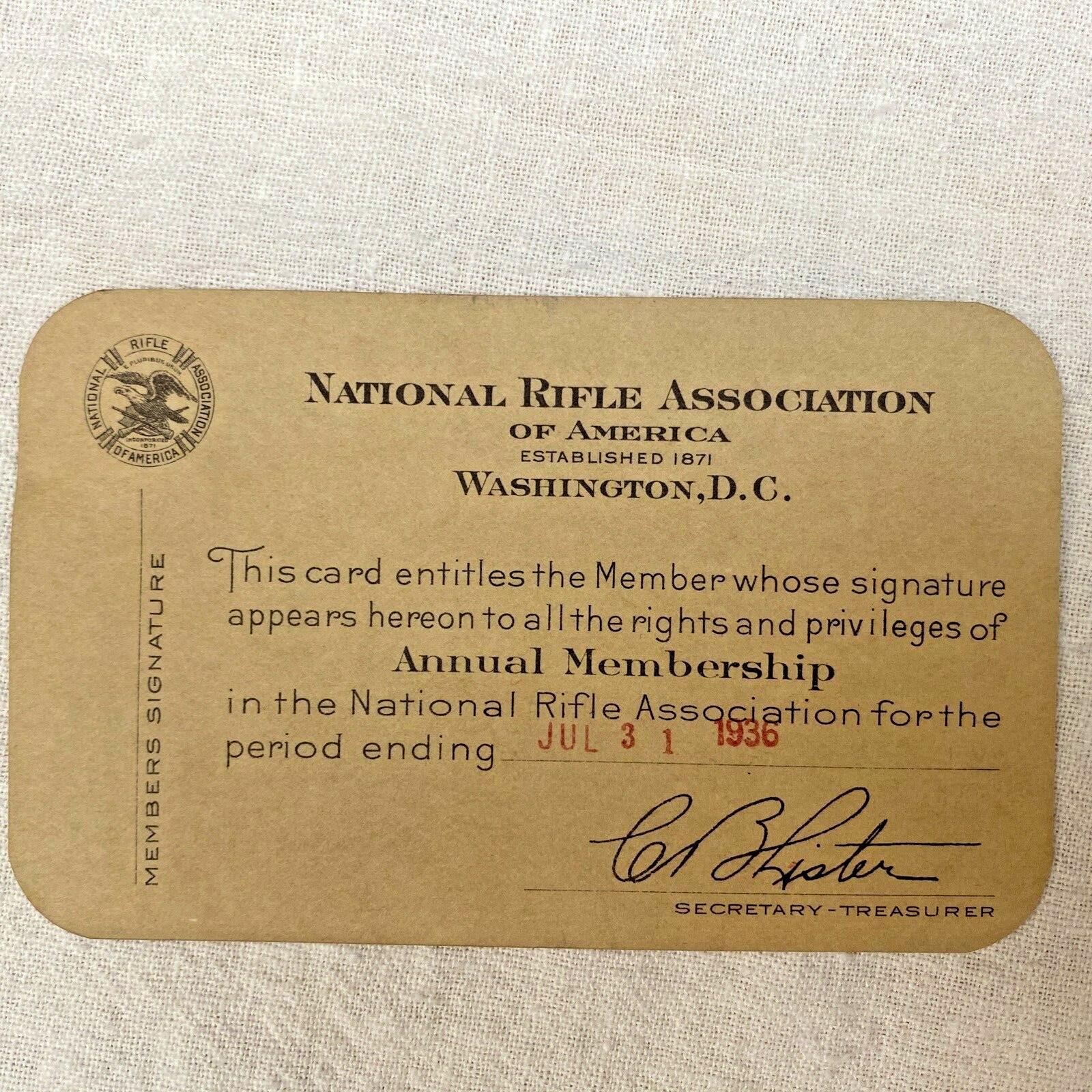 1936 NRA NATIONAL RIFLE ASSOCIATION ANNUAL MEMBERSHIP CARD | eBay