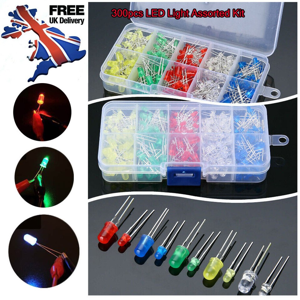 3mm 5mm 300pcs LED Lights Assortment Set White Yellow Red Blue Green UK ...