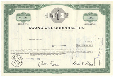 Sound One Corporation Stock Certificate (New York, Studio, Sound ...