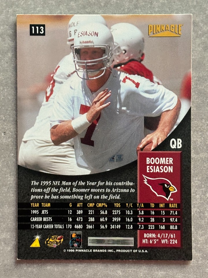 1996 Pinnacle BOOMER ESIASON "Holding Baby Boy" Real NFL Football ...