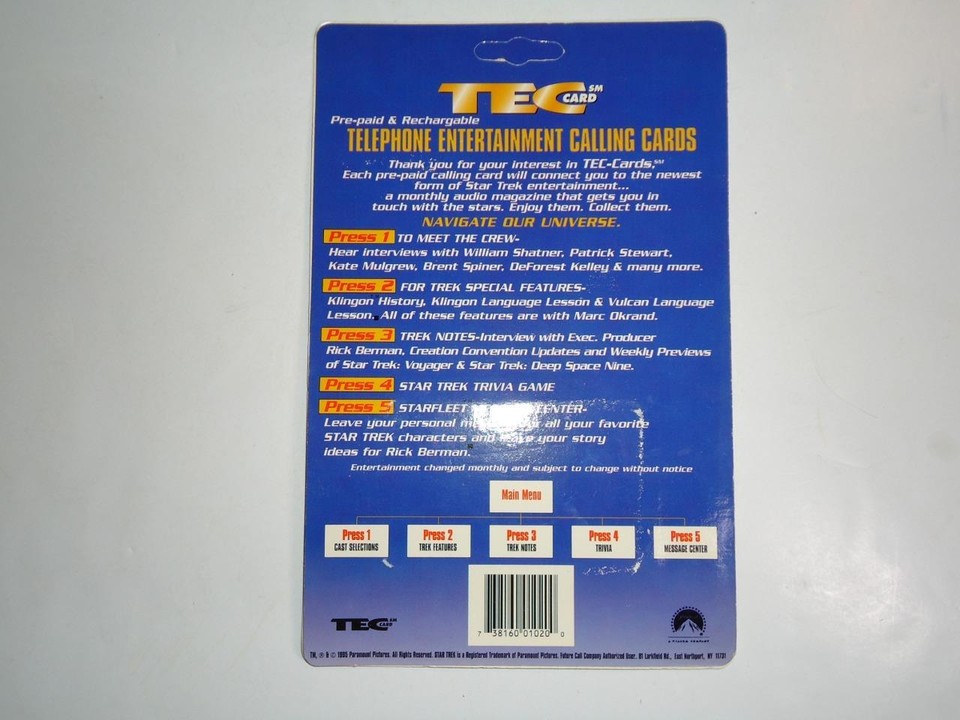 1995 STAR TREK TEC CARD PREPAID RECHARGABLE TELEPHONE ENTERTAINMENT ...