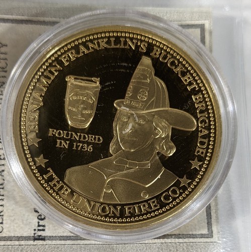 Firefighter Gold Plated Coin Franklins Bucket Brigade Union American ...