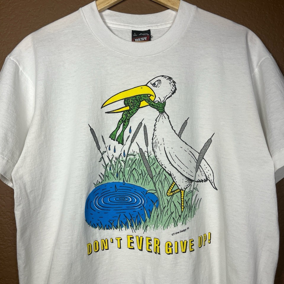 Vintage 90s “Don’t Ever Give Up” Pelican Eating Frog T-Shirt Size Large ...