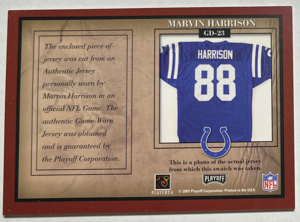 2001 Playoff Honors Marvin Harrison Game Day Jerseys Used Worn Patch ...