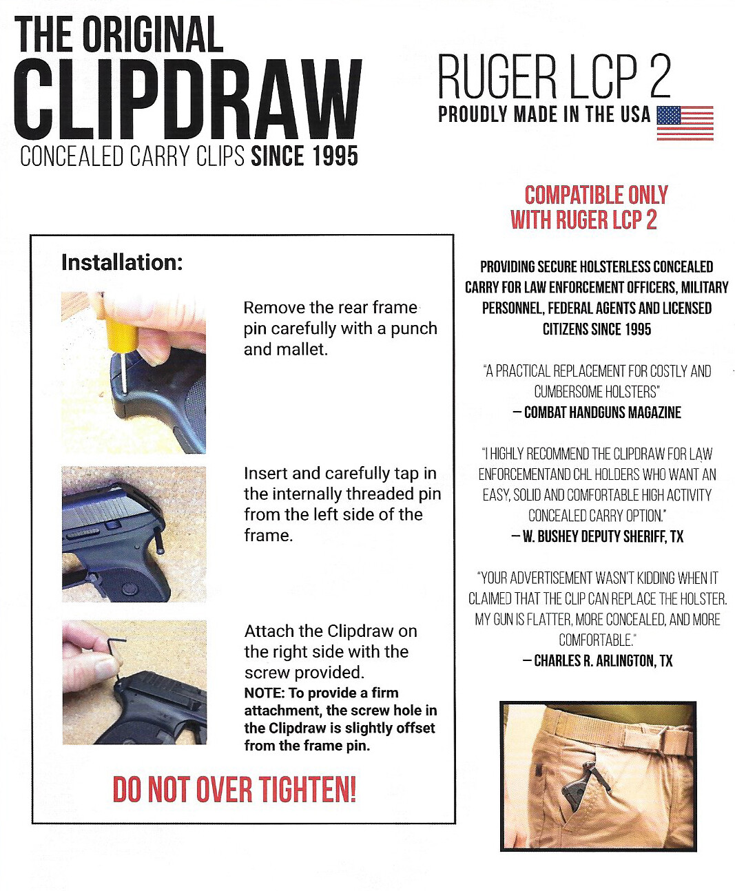 Clipdraw Belt Clip for Ruger LCP 2 II 380 & .22 IWB Black - Right LCP ...